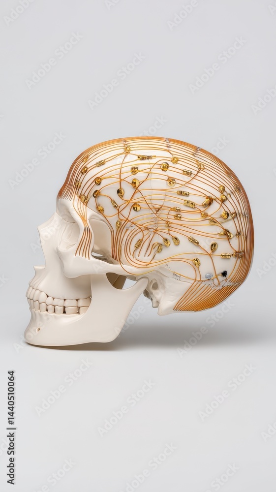 Brain-Computer Interface neurotechnology. A human skull model with ...