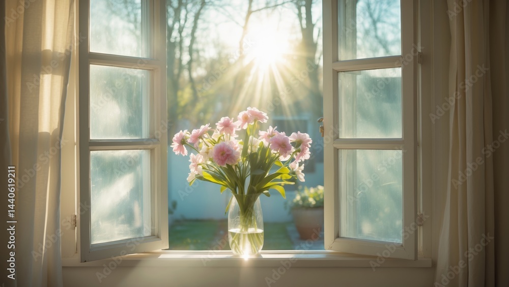 Sunlight bathes pink flowers in a vase, seen through an open window ...