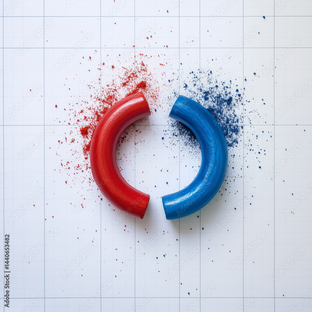Red and blue horseshoe magnet or physics magnetic and compass with iron ...