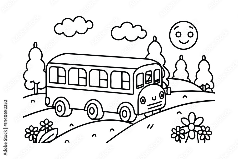 Cute School Bus Road Trip Scene Coloring Page, Happy Kids and Cartoon ...