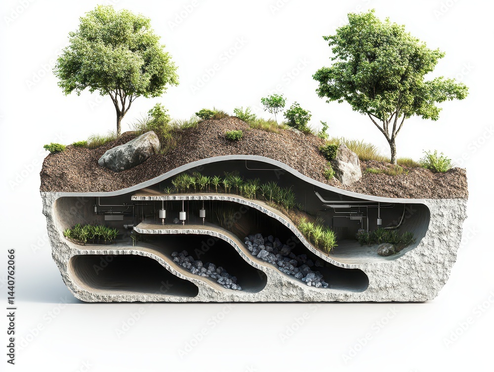 Stock-Illustration „3D cutaway of eco-retaining wall in landslide-prone ...