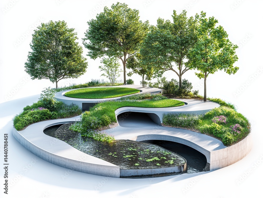 3D cutaway of stormwater retention park in suburban zone, with ...