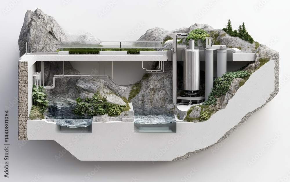 3D cutaway of snowmelt-powered micro hydro system in alpine valley ...