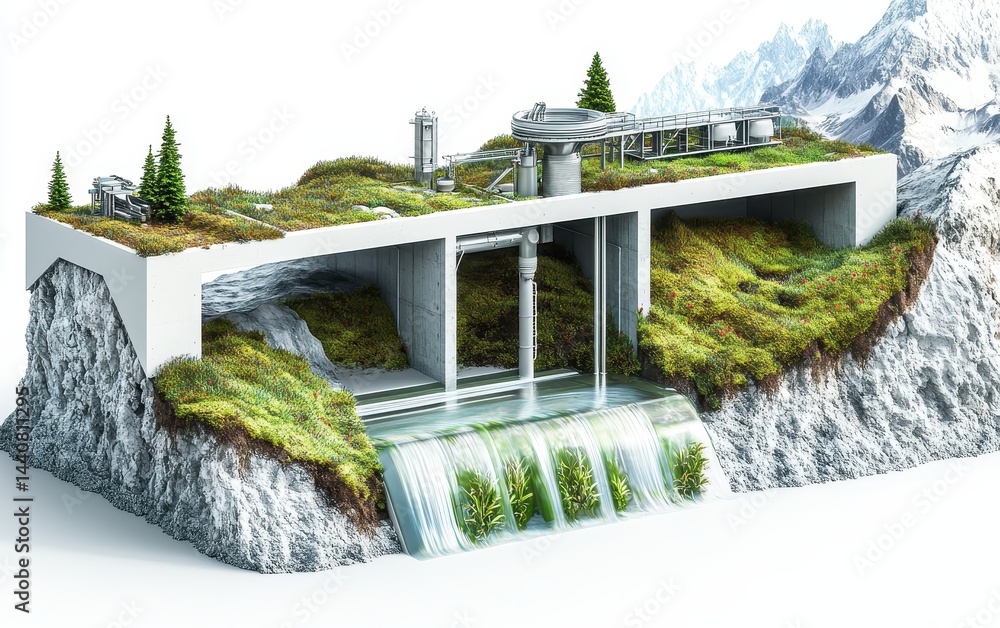 Ilustración de Stock 3D cutaway of snowmelt-powered micro hydro system ...