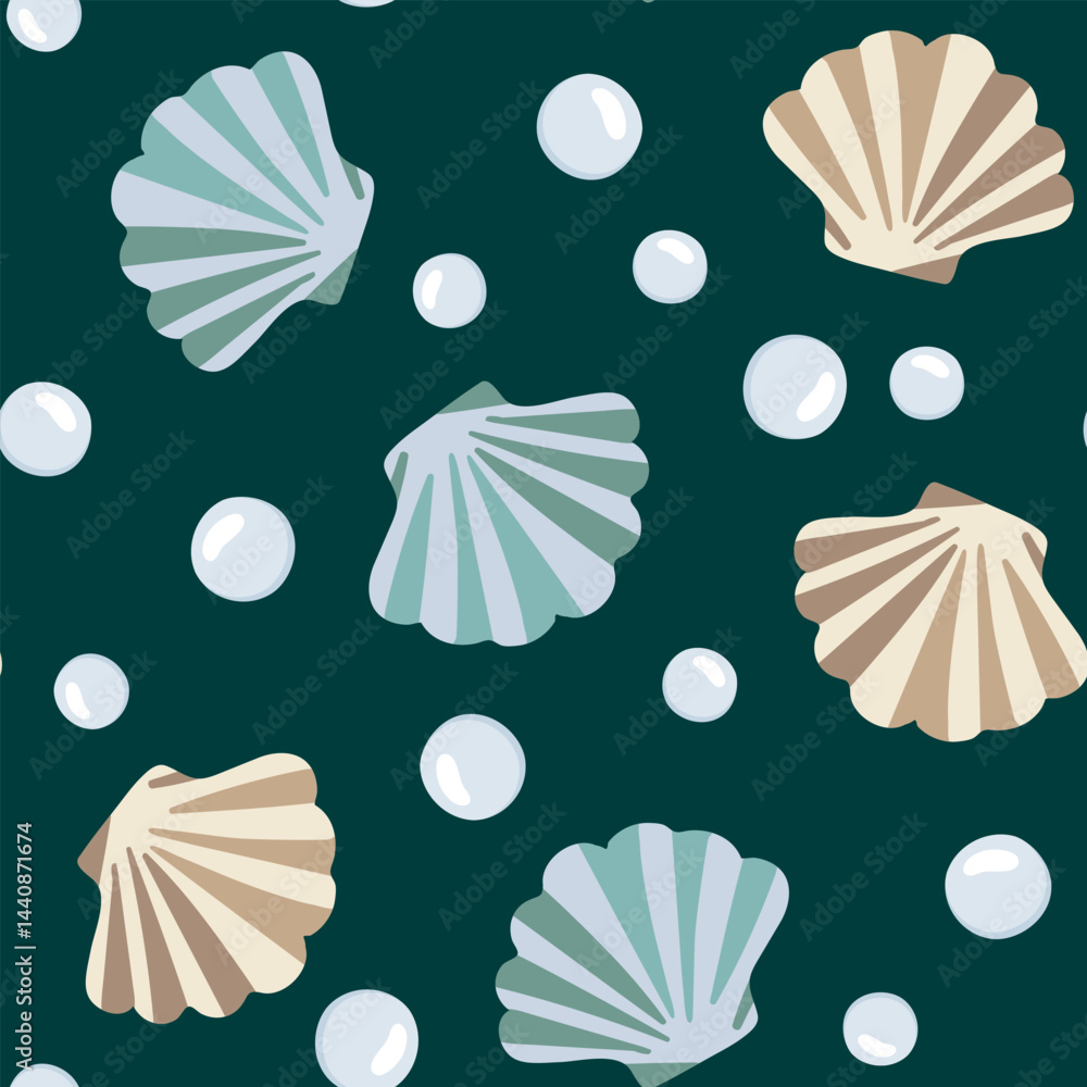 seamless vector pattern of seashells and pearls on dark teal background ...