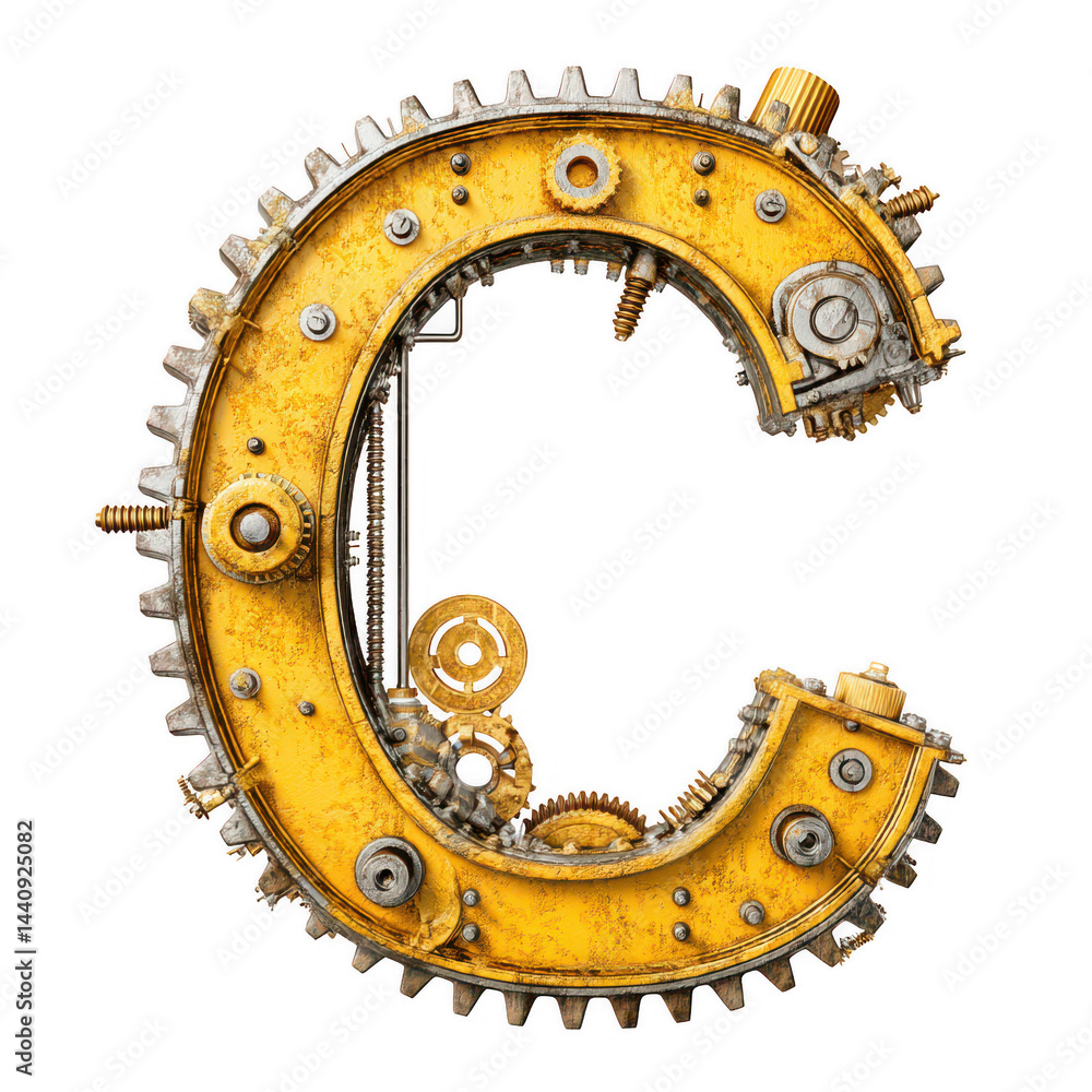 Intricate letter C is constructed from detailed gears and mechanical ...