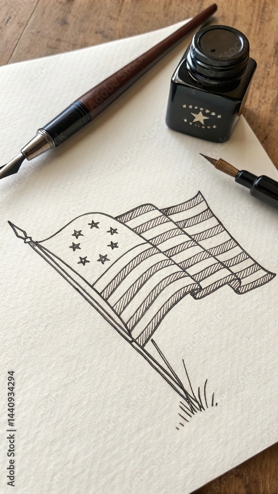 Vintage style ink drawing of betsy ross american flag on textured paper ...
