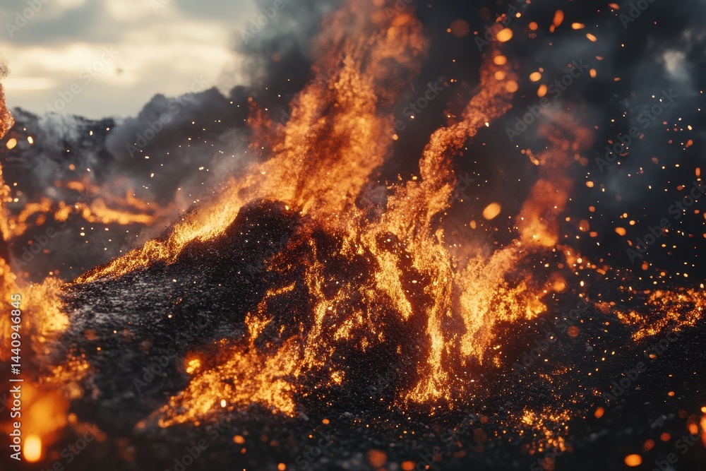 Intense largescale fire engulfing a remote landscape during twilight ...