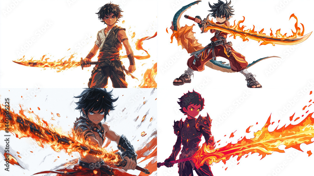 Foto de Stock Four anime boys wielding flaming swords, dynamic poses ...