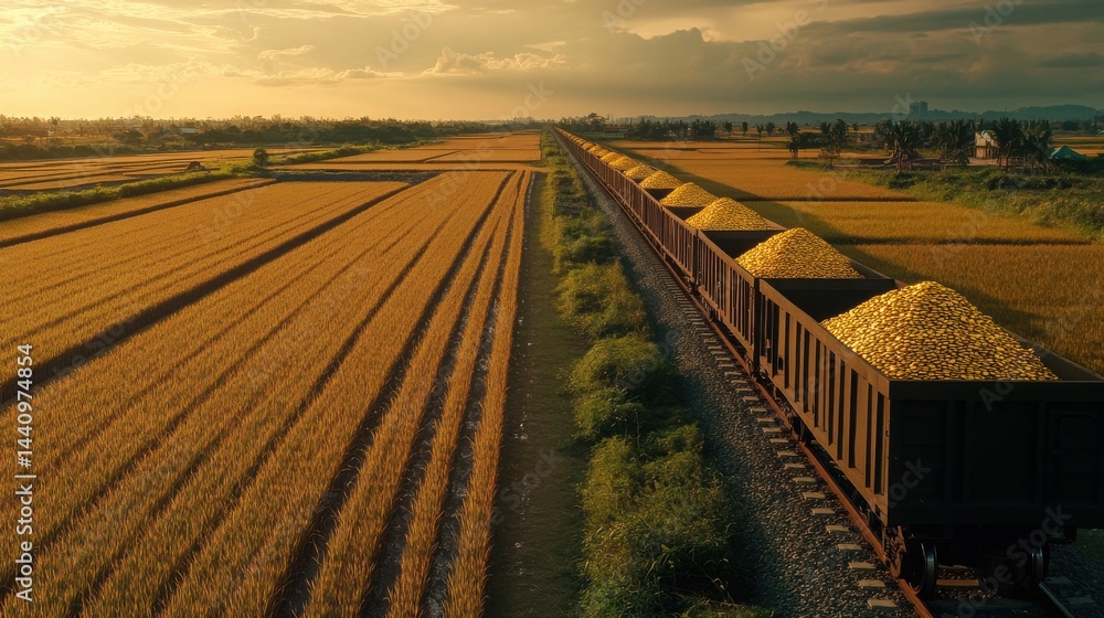 Freight train paralleling paddy field, carry piles of gold. Arri Alexa ...