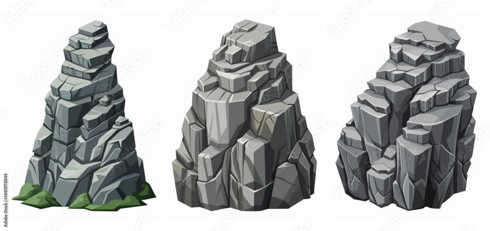 Mountain peak grey stone set. Big rock cartoon cliff. Cliff game ...