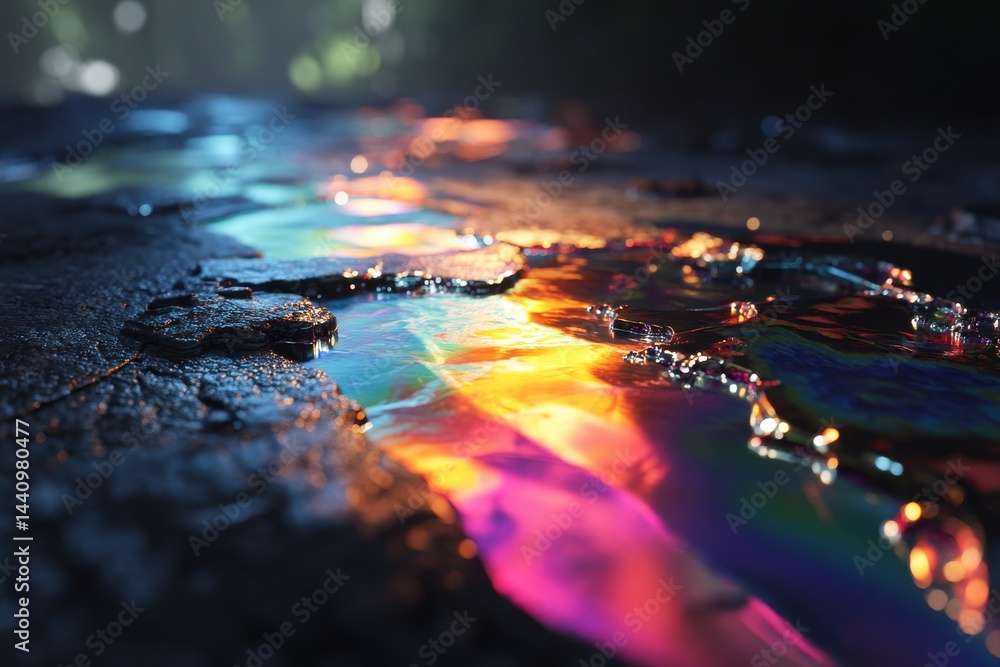 Reflecting rainbow of colors in a puddle of spilled liquid on a dark ...