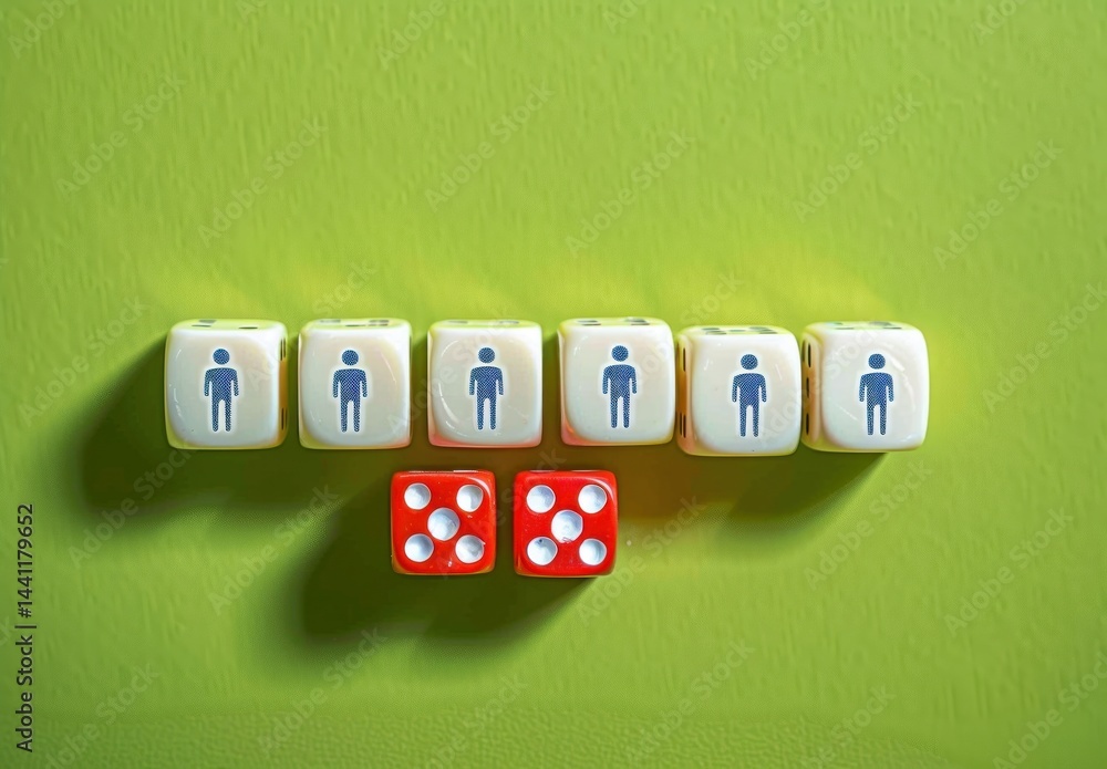 Row of six white dice with human figure icons above two red dice ...