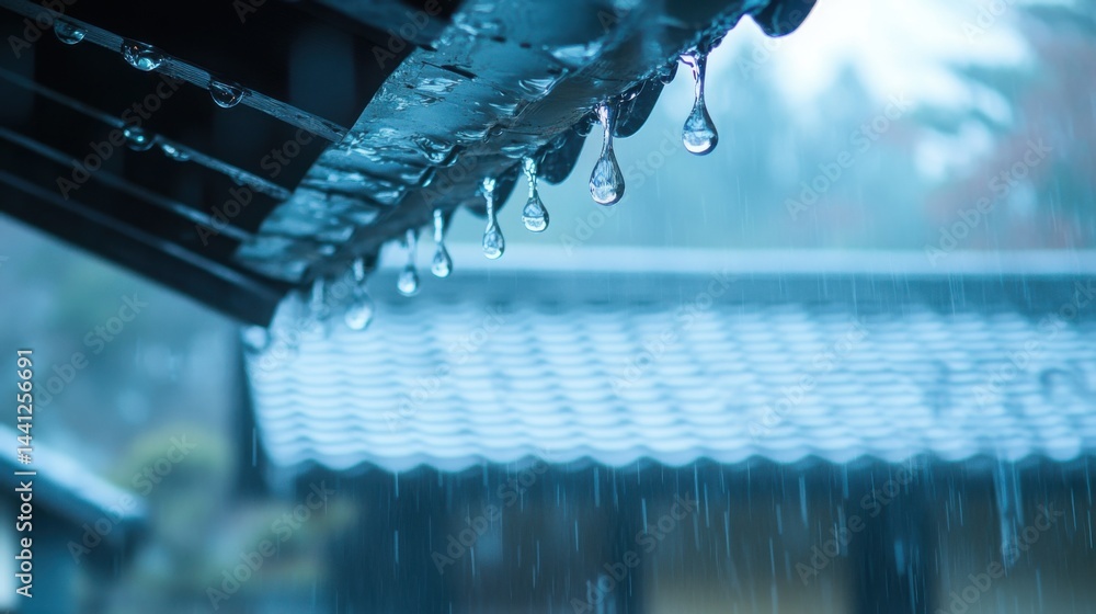 ภาพประกอบ Stock Water drops gathering on tiled Japanese eaves before ...