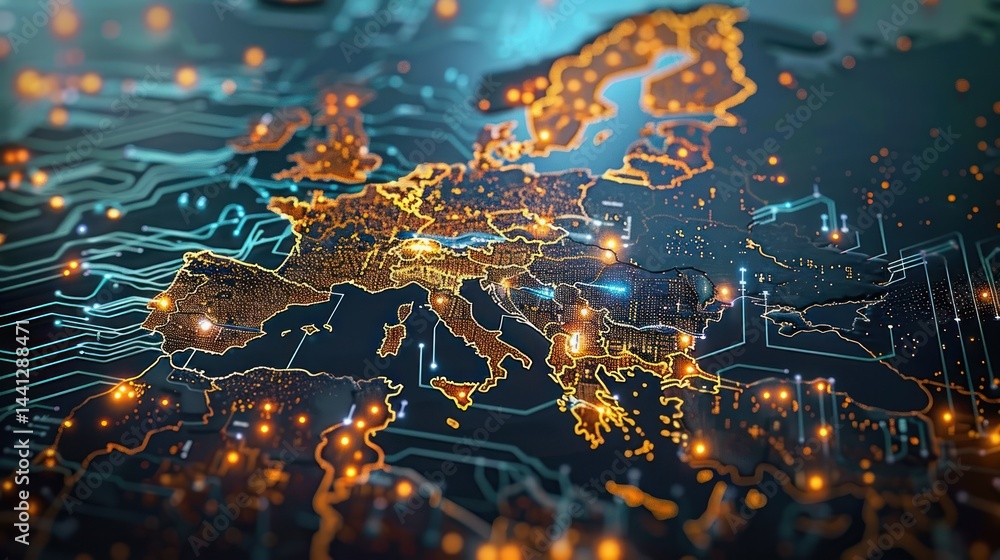 glowing digital map of europe highlighted with bright orange and blue ...