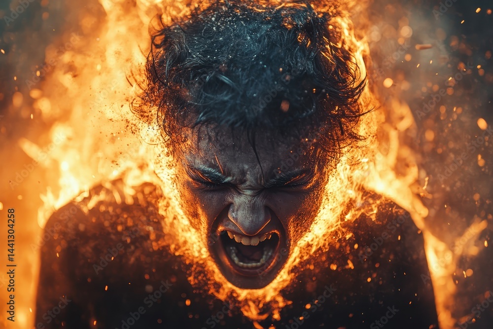 Intense expression of rage and power captured in a moment of fiery ...