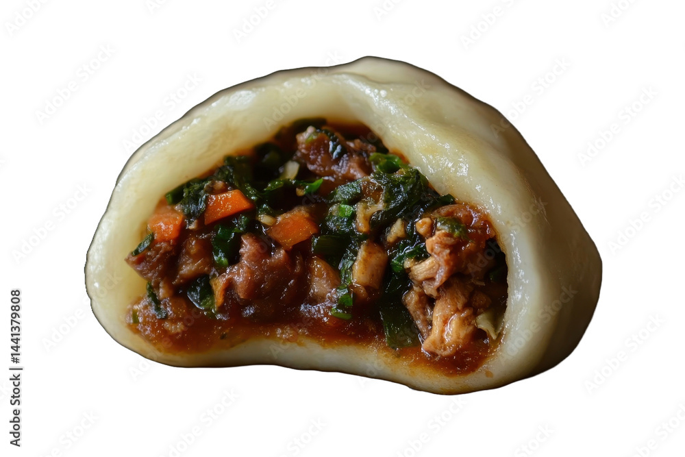 The image displays a cut-open steamed bun revealing a savory filling of ...