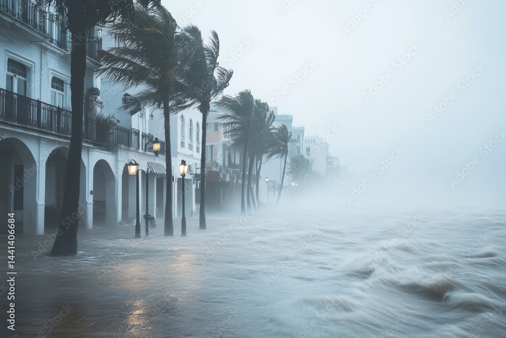 Photo Stock Dramatic coastal flooding scene with palm trees and ...