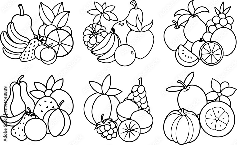 Set of fruits outline vector illustration line art coloring book page ...