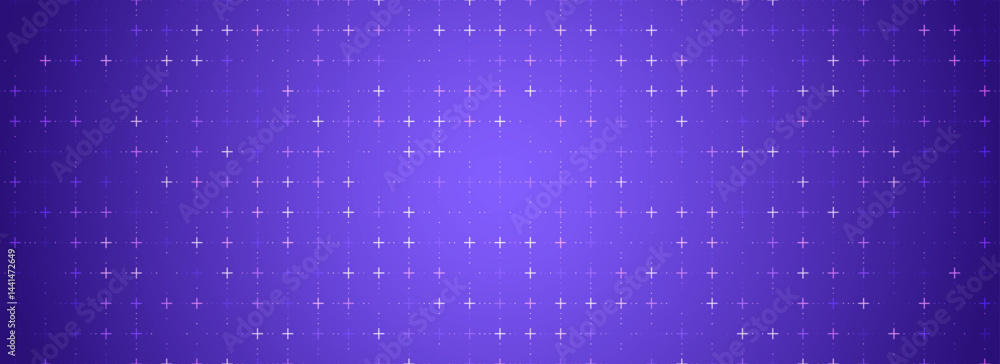 Purple glowing square grid background. Cross and dot tech network ...