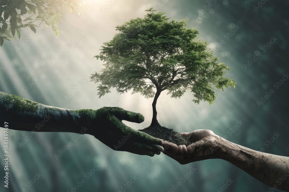 Two hands gently holding a young tree sapling for World Environment Day ...