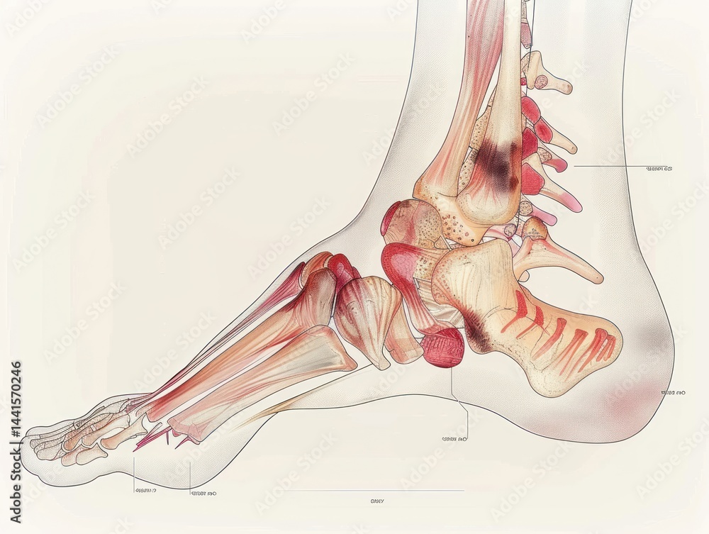 Detailed anatomical illustration of the human foot and ankle showing bones, muscles, tendons ...