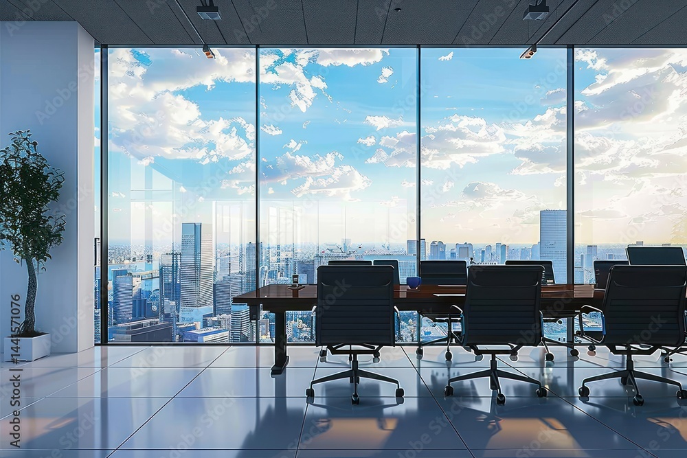 Modern office conference room with large windows overlooking city ...
