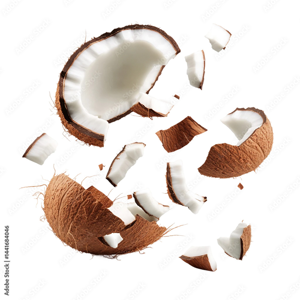 Crashed broken coconut flying or floating. Falling pieces of coconut ...