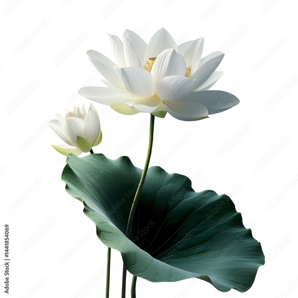 White lotus flower and lily pad on transparent background. Buddhist ...