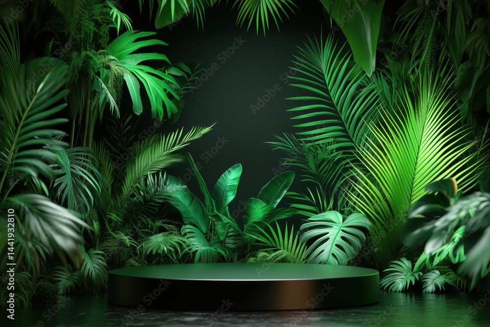 Stock-Foto „Lush tropical foliage surrounds a circular stage in a ...