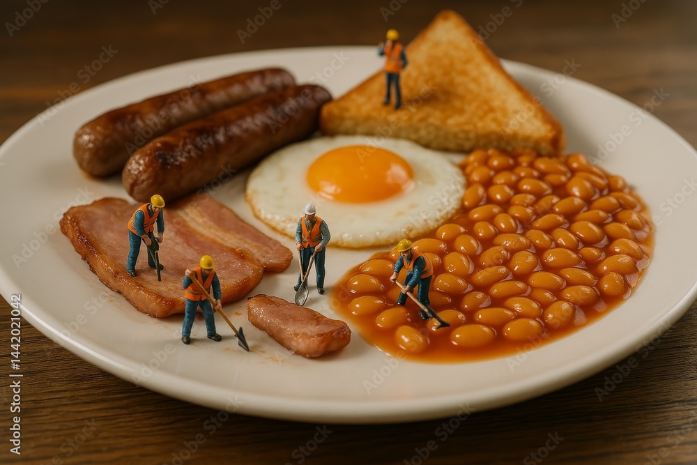 Miniature construction workers working on full English breakfast with ...