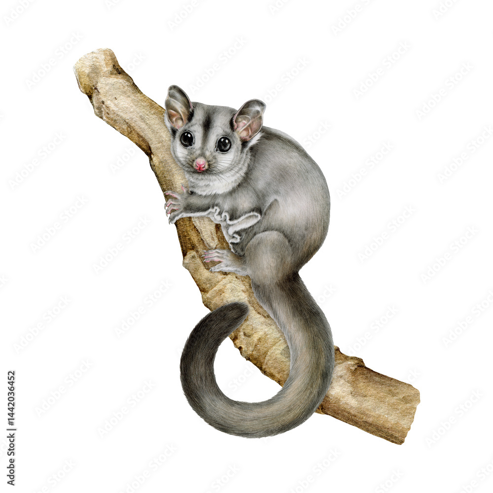 Sugar glider possum on the tree branch realistic watercolor ...