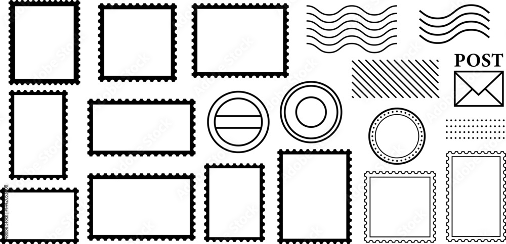 Vector de Stock Postage stamp icons and frames vector shape set, decorative clip art element set ...