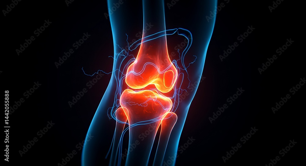 Glowing knee joint anatomy with visible veins and bones on a dark ...