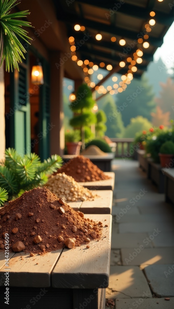 Wooden table with three piles of dirt on it. The dirt is brown and he ...