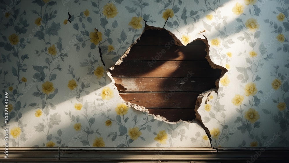 Worn floral wallpaper coming off, exposing the wood plank panels ...