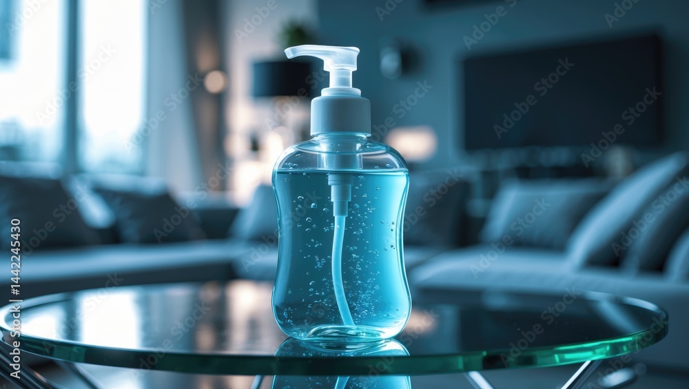 Hand washing with blue sanitizer bottle on a glass table to help curb ...