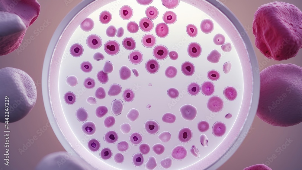 Examination of human blood smear at 100X magnification with visible ...