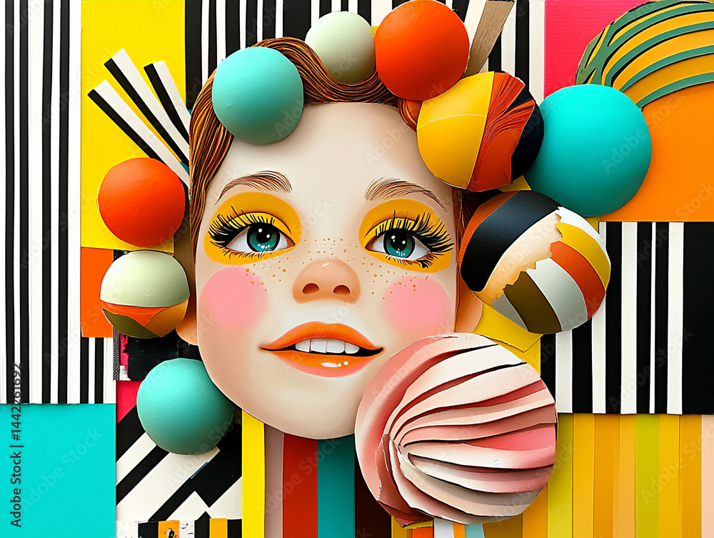 paper collage art of a cute cartoon food item (ice cream), different ...