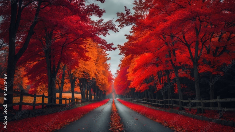 Walking through the tree-lined street with brilliant red leaves, the ...