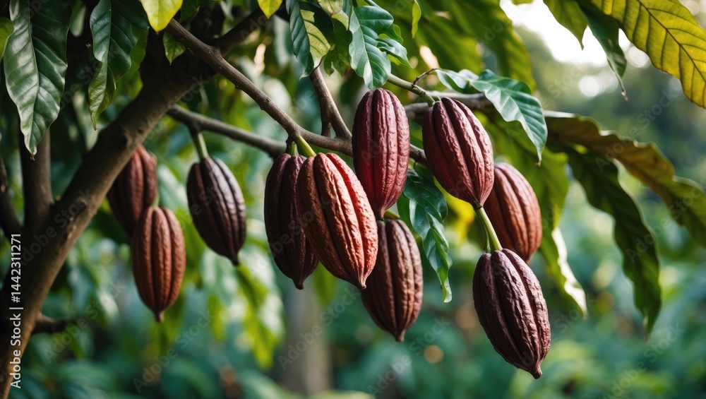 Foto de Stock Cacao Tree. Cocoa fruit pods organically growing in the ...