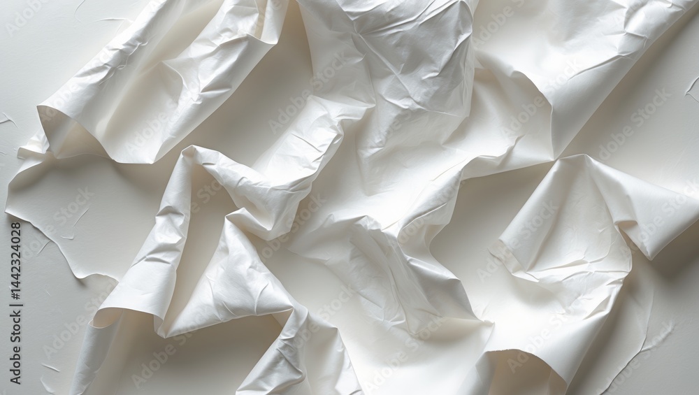 Wrinkled white paper poster template, blank glued creased sheet mockup ...