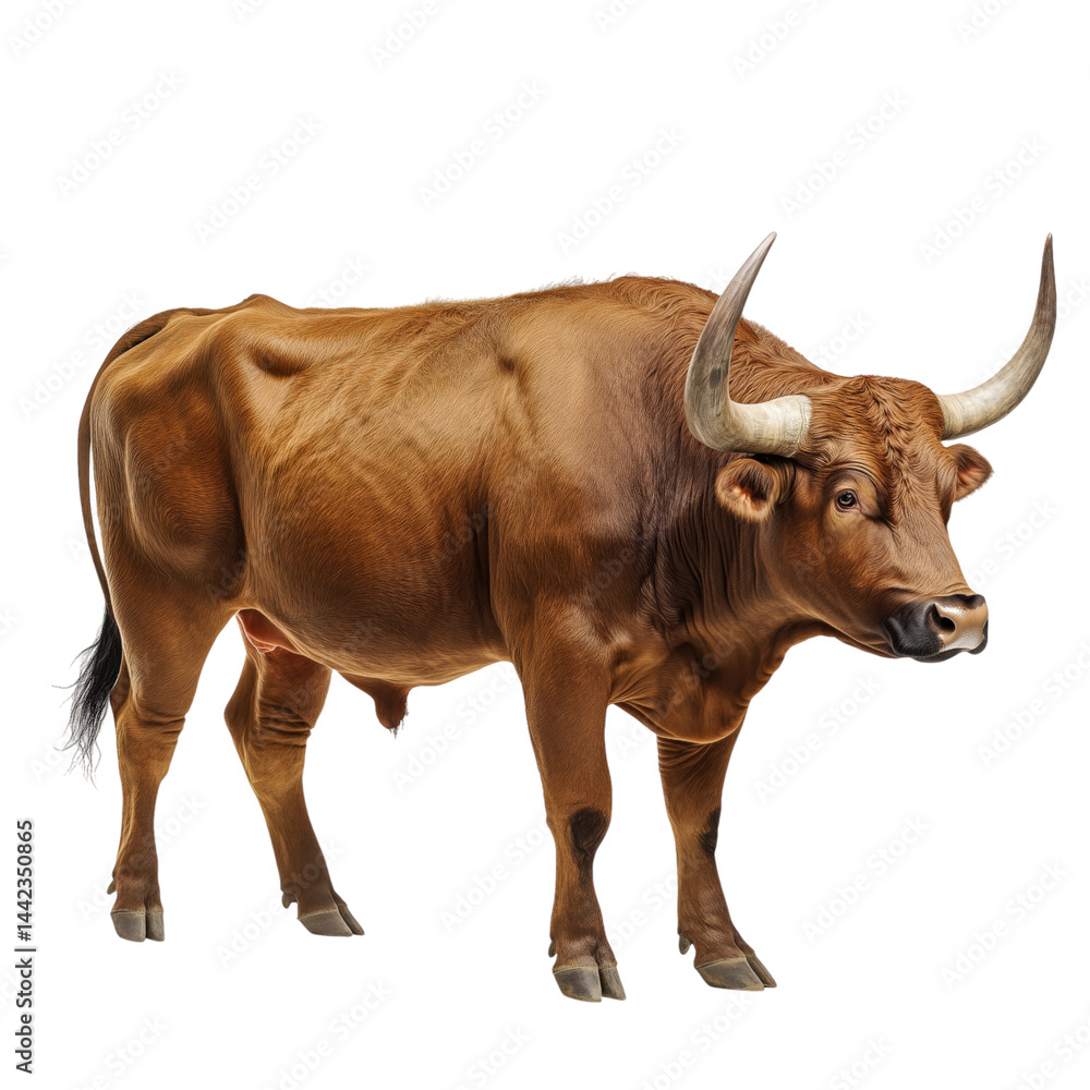 Side view of a muscular brown bull with large curved horns, standing ...