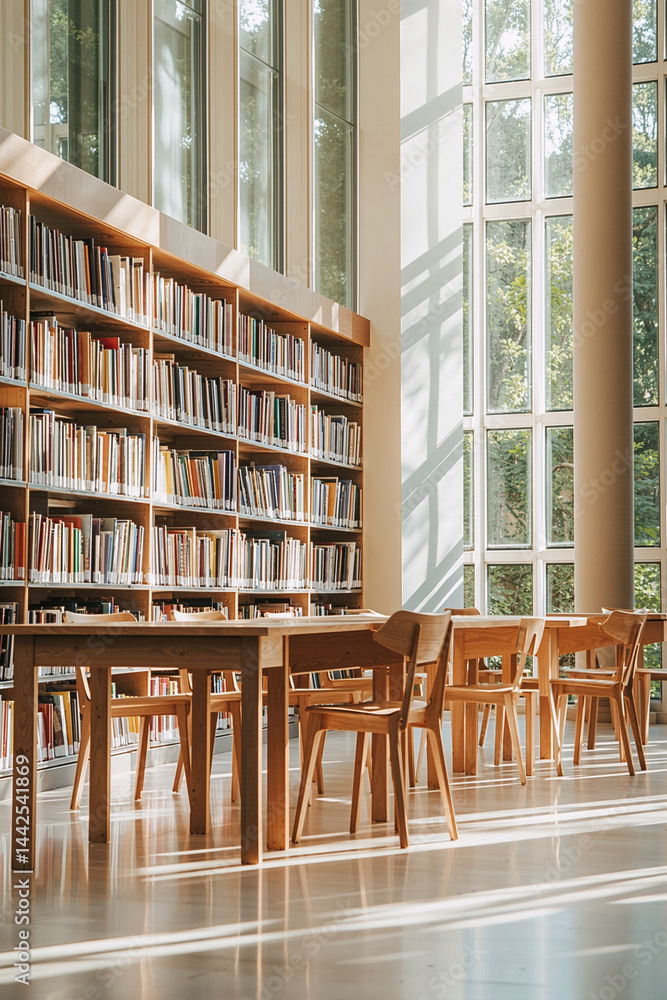 Sunlight illuminating bookshelves and tables in modern library Stock ...