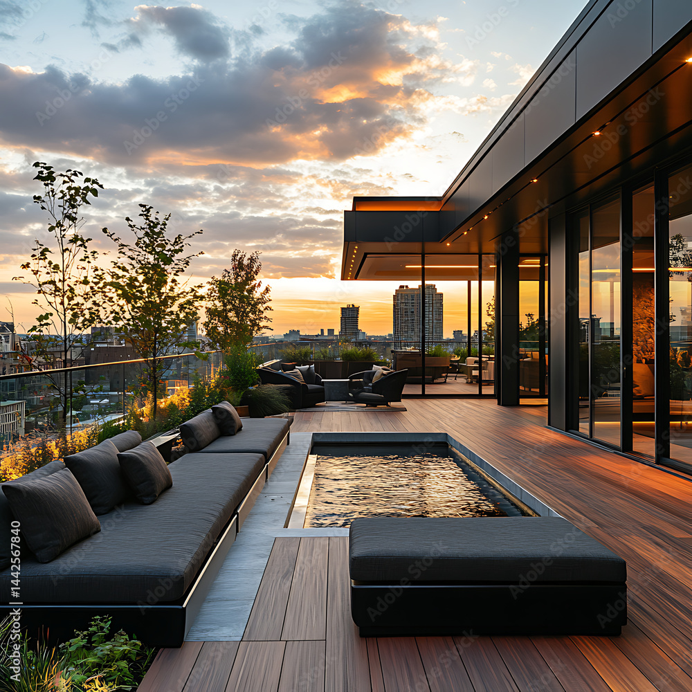 Elegant urban rooftop deck with dark timber floors, clear glass ...