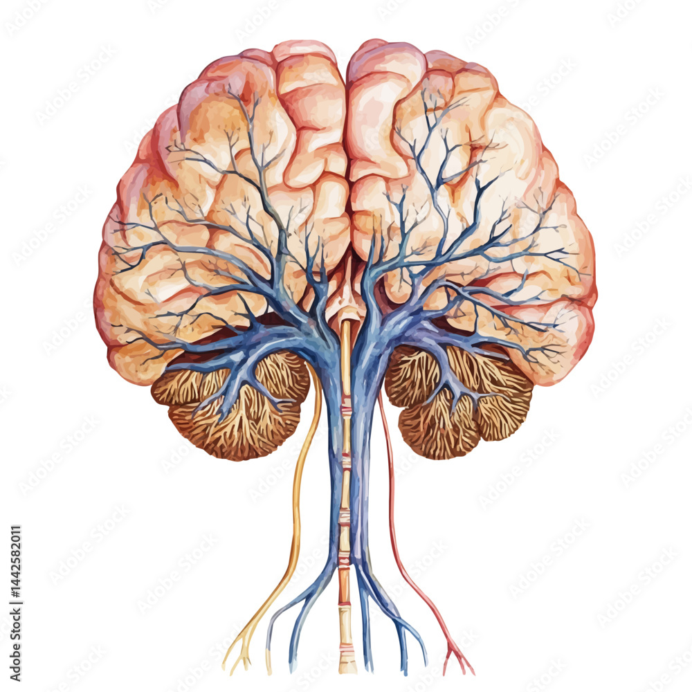 cranial nerves branching from the brain, watercolor drawing, isolated ...