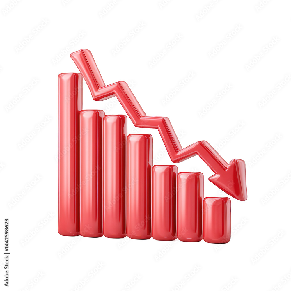Red bar graph showcasing a downward trend with a zigzag line ...