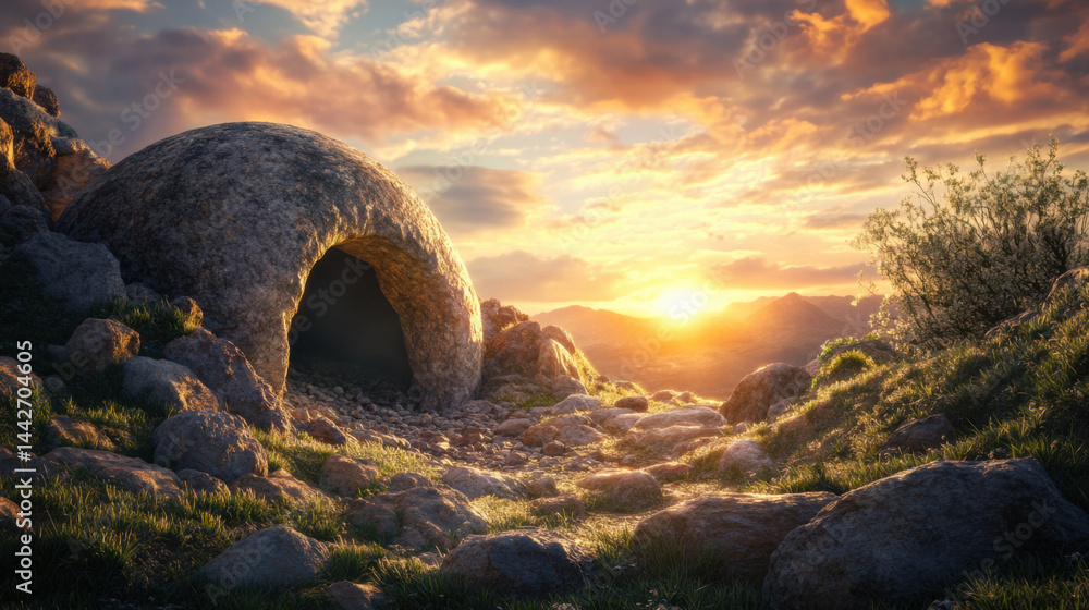 Classic religious scene of an empty tomb with a stone rolled away at ...