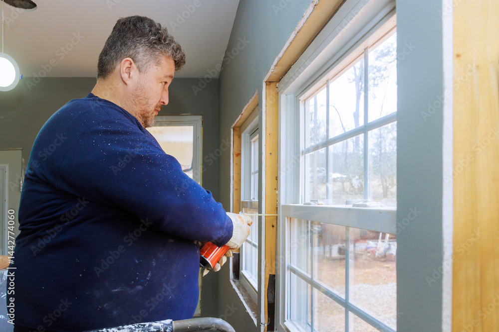 Worker is applying insulation sealant foam around windows while renovating house interior ...