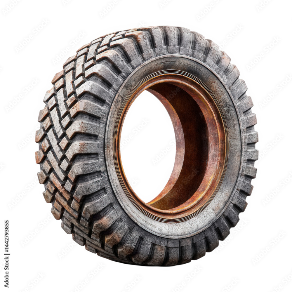 Heavy-duty vehicle tire with rugged tread design, showing wear and tear ...